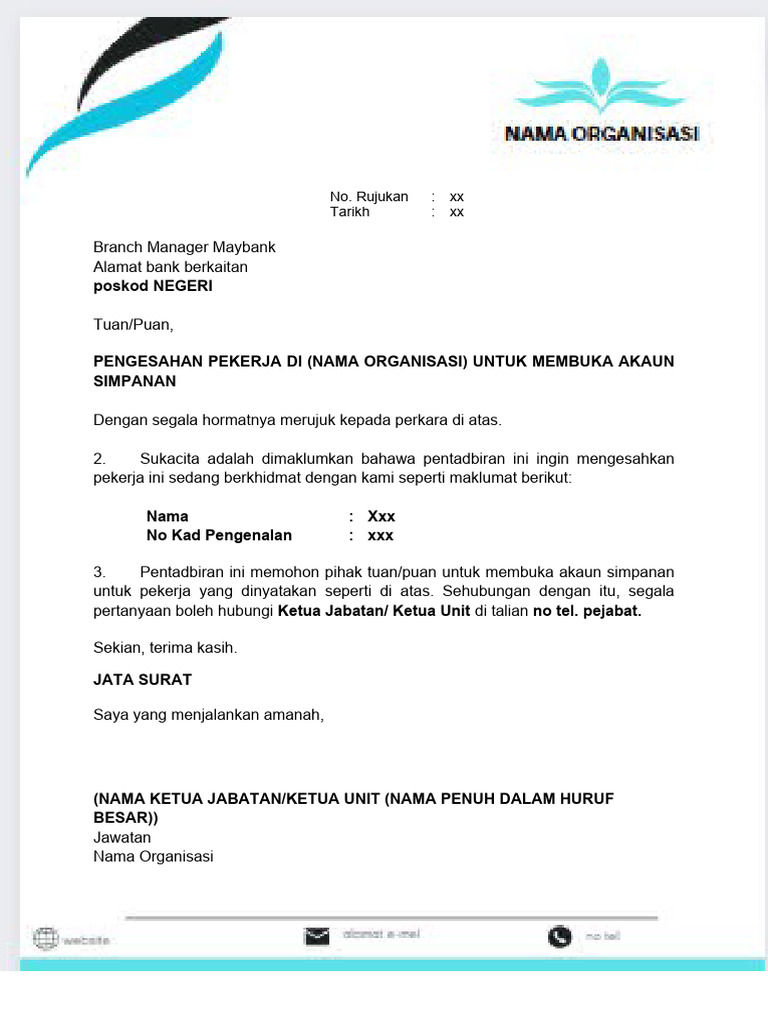 Contoh Surat Rasmi Untuk Buka Akaun Bank | PDF