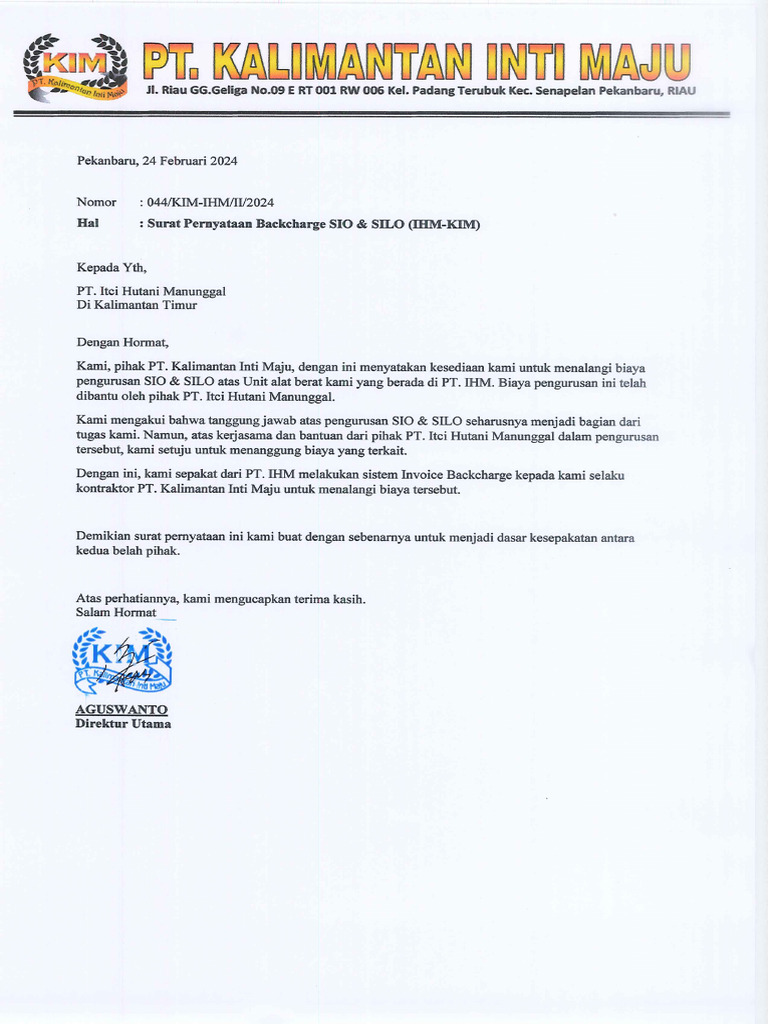 Surat Pernyataan Backcharge SIO SILO (IHM-KIM) 2024 | PDF