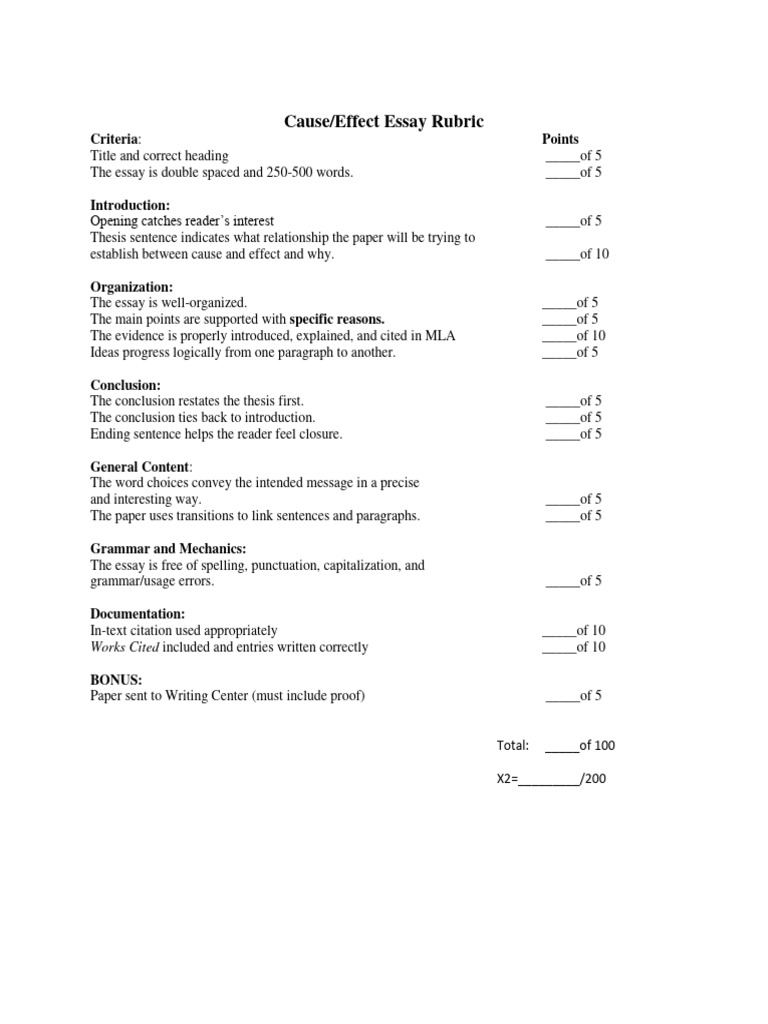 Cause and Effect Essay Grading Rubric | PDF