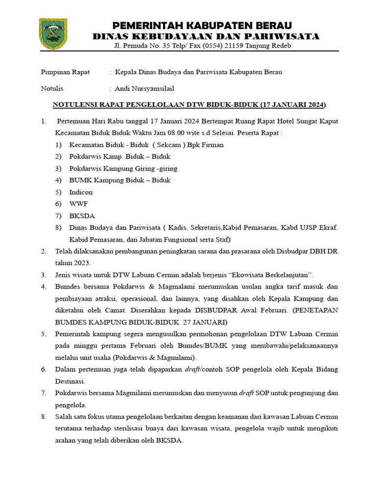 Notulensi Rapat Pengelolaan DTW Biduk | PDF