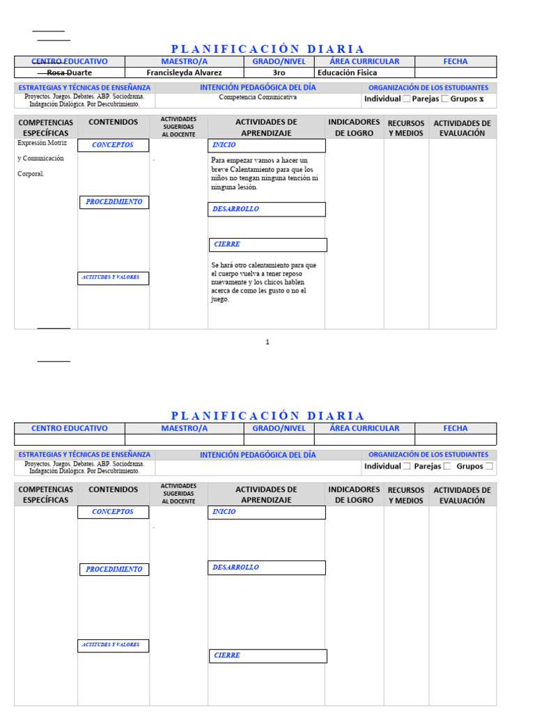 Planilla de Planificación Diaria | PDF | Evaluación | Enseñando