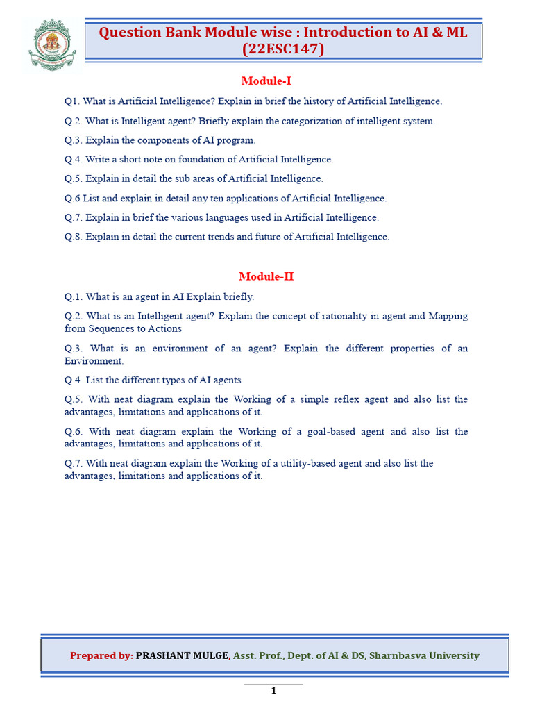 Introduction To AI & ML QUESTION BANK MODULEWISE | Download Free PDF ...