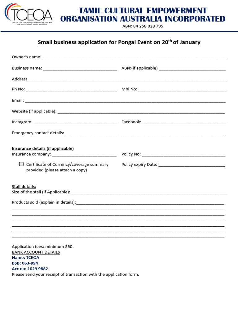 Small Business Application For Pongal Event On 20th of January | PDF ...