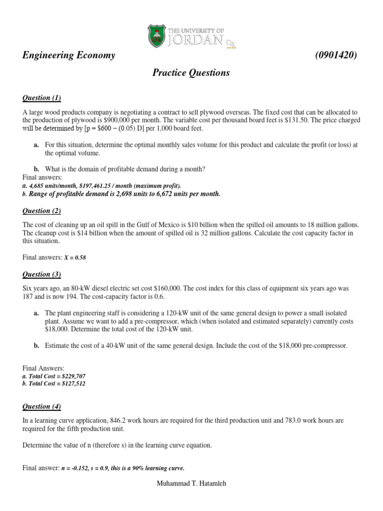 Engineering Economy Practice Questions | PDF | Demand | Cost