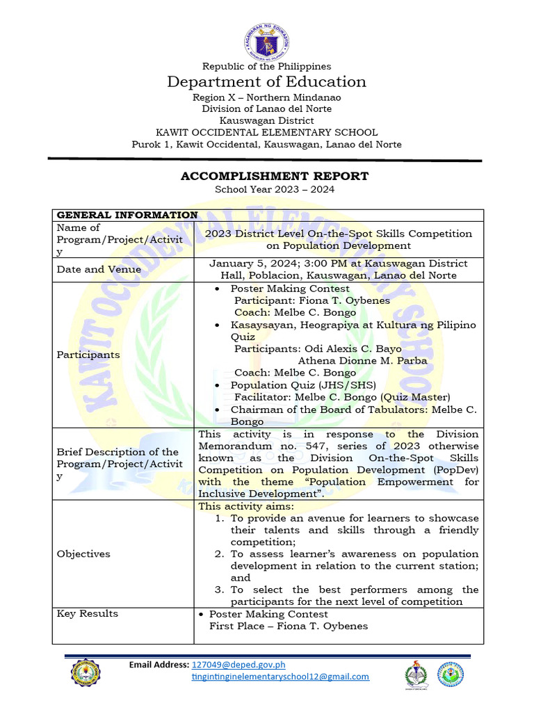 Accomplishment Report in District PopDev 2023 | PDF | Human ...