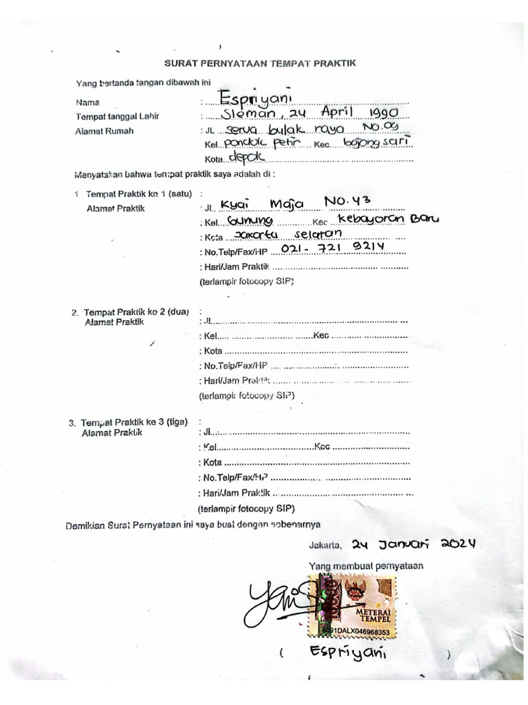 Surat Pernyataan Tempat Praktik | PDF
