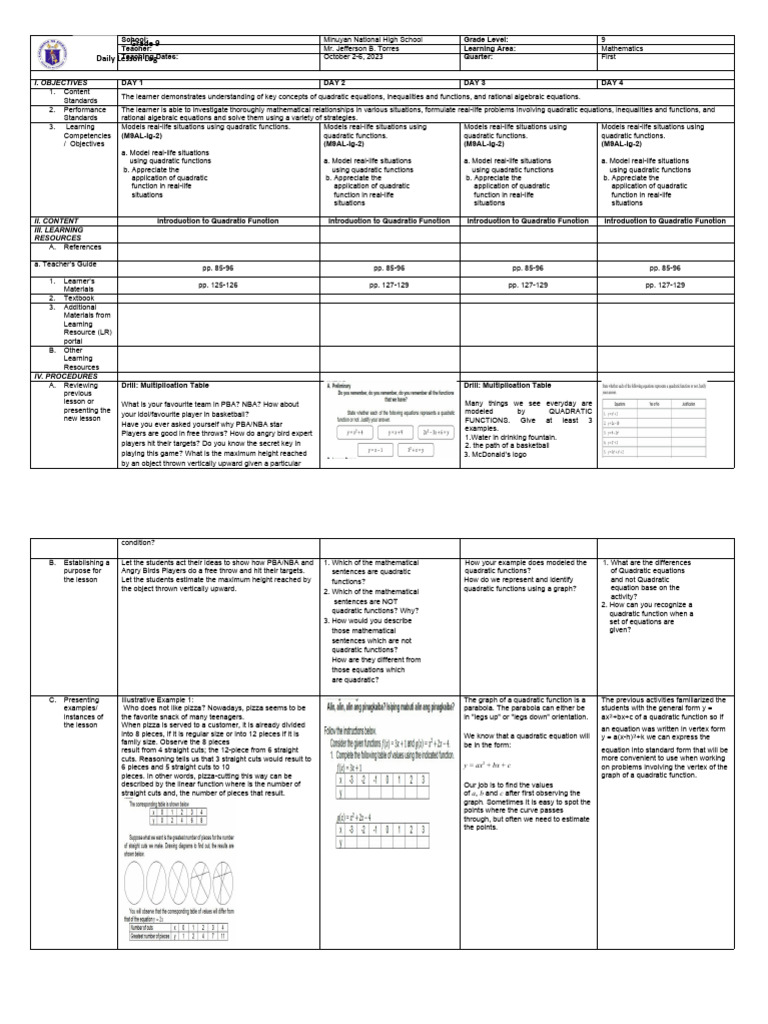 Grade 9 Quadratic Functions Lesson Plan | PDF