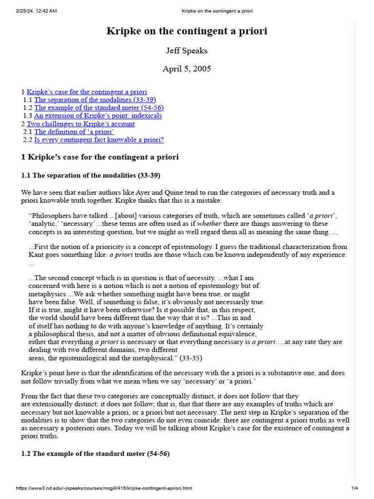 Kripke On The Contingent A Priori | PDF | A Priori And A Posteriori | Truth