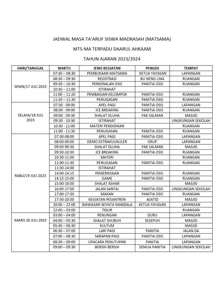 Contoh Jadwal Matsama Mts-Ma | PDF