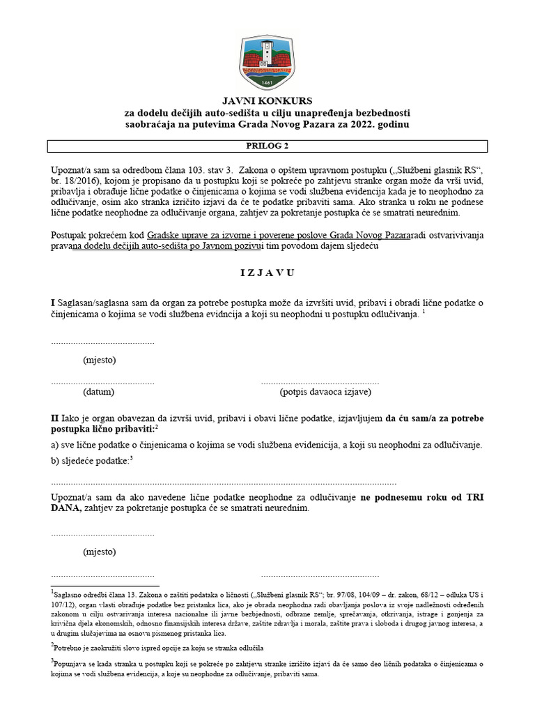 Saglasnost Za Obradu Podataka o Ličnosti - Prilog 2 | PDF