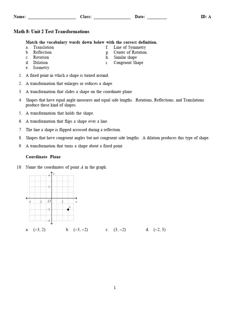 Unit 2 Test on Geometry Transformations | PDF | Shape | Cartesian ...