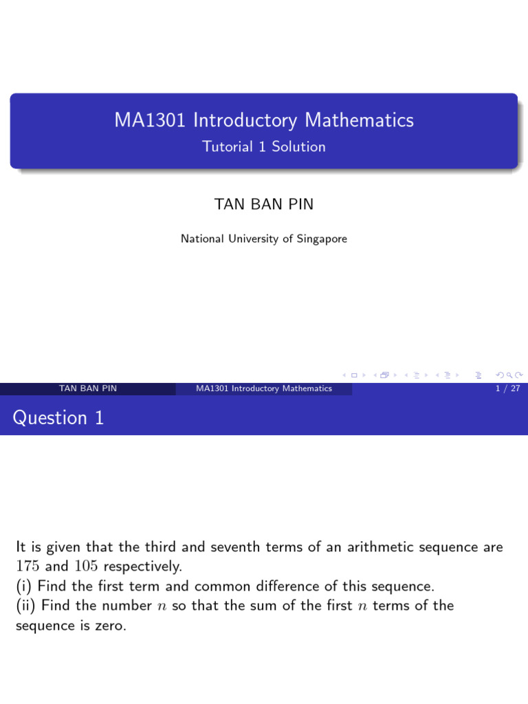 MA1301 Tutorial 1 Solution | PDF | Equations | Algebra