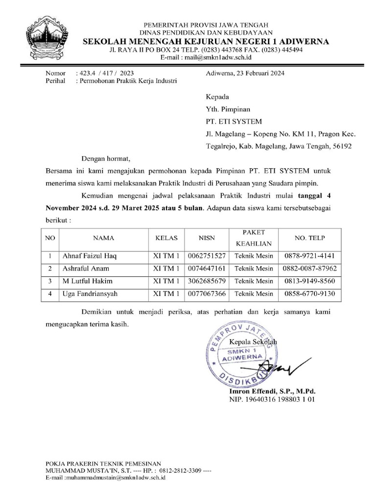 Surat Permohonan PKL SMK N 1 Adiwerna | PDF