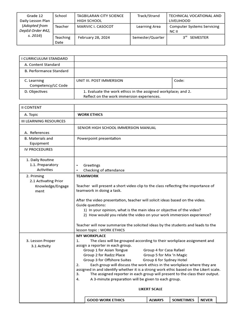Work Immersion Lesson Plan | PDF | Cognition