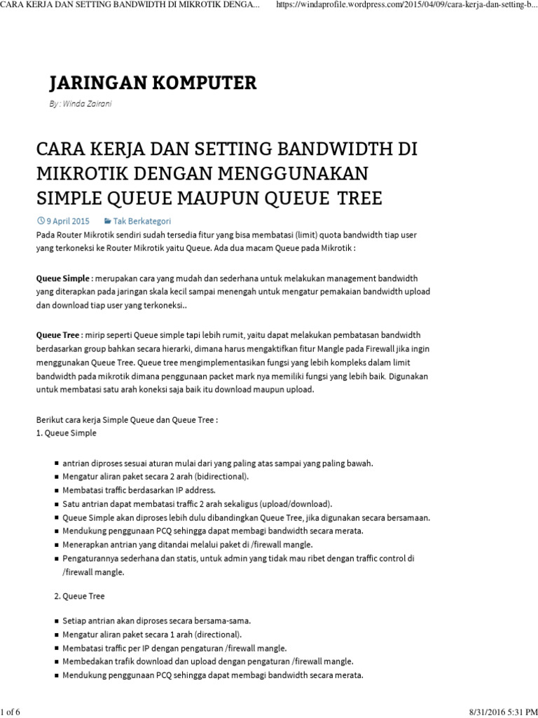 Cara Kerja Dan Setting Bandwidth Di Mikrotik Dengan Menggunakan Simple Queue Maupun Queue Tree