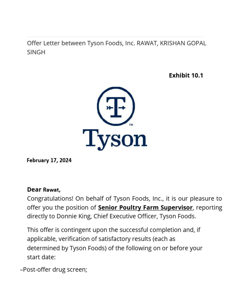 Offer Letter - Tyson Foods, Incorporated | PDF | Employment | Salary