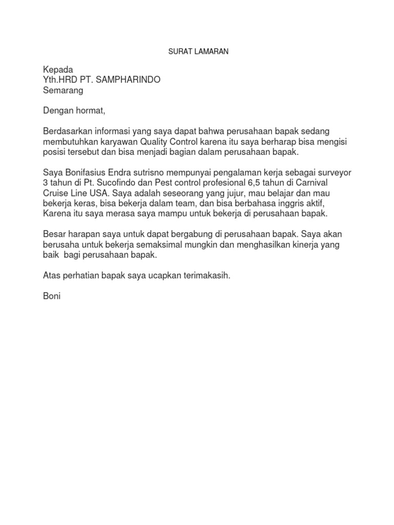 Surat Lamaran Quality Control Semarang | PDF