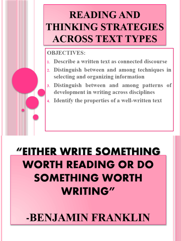 Reading and Thinking Strategies Across Text Types | PDF | Discourse | Semiotics