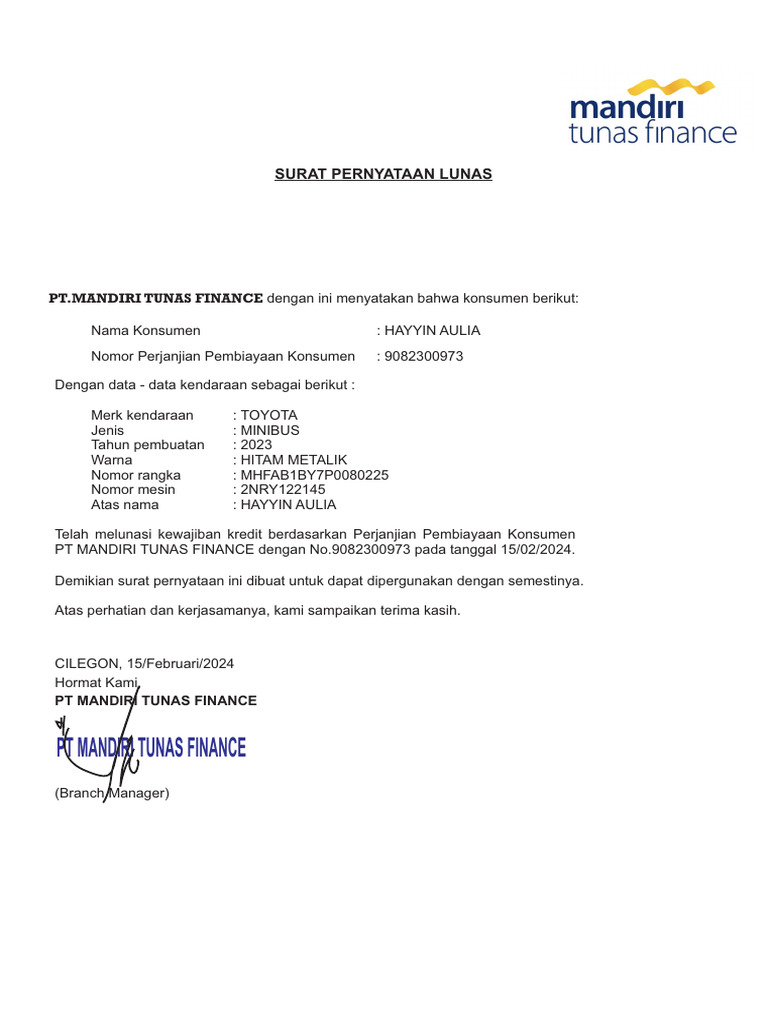 Surat Lunas MTF Hayyin | PDF