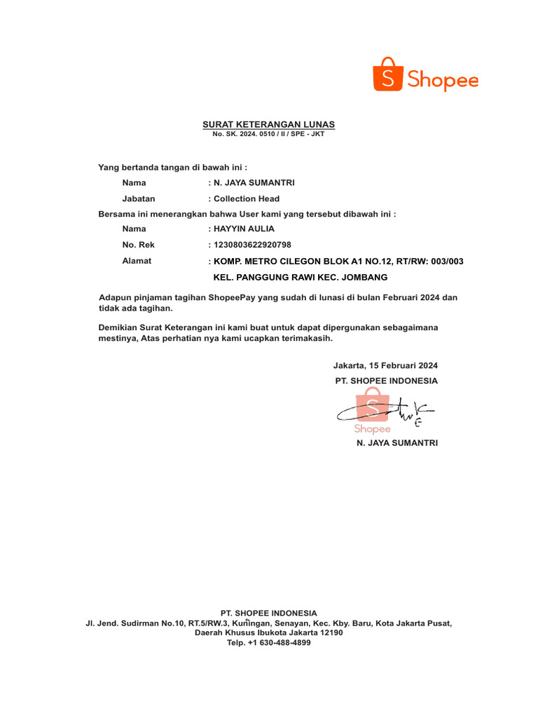 Surat Lunas Shopee Hayyin | PDF