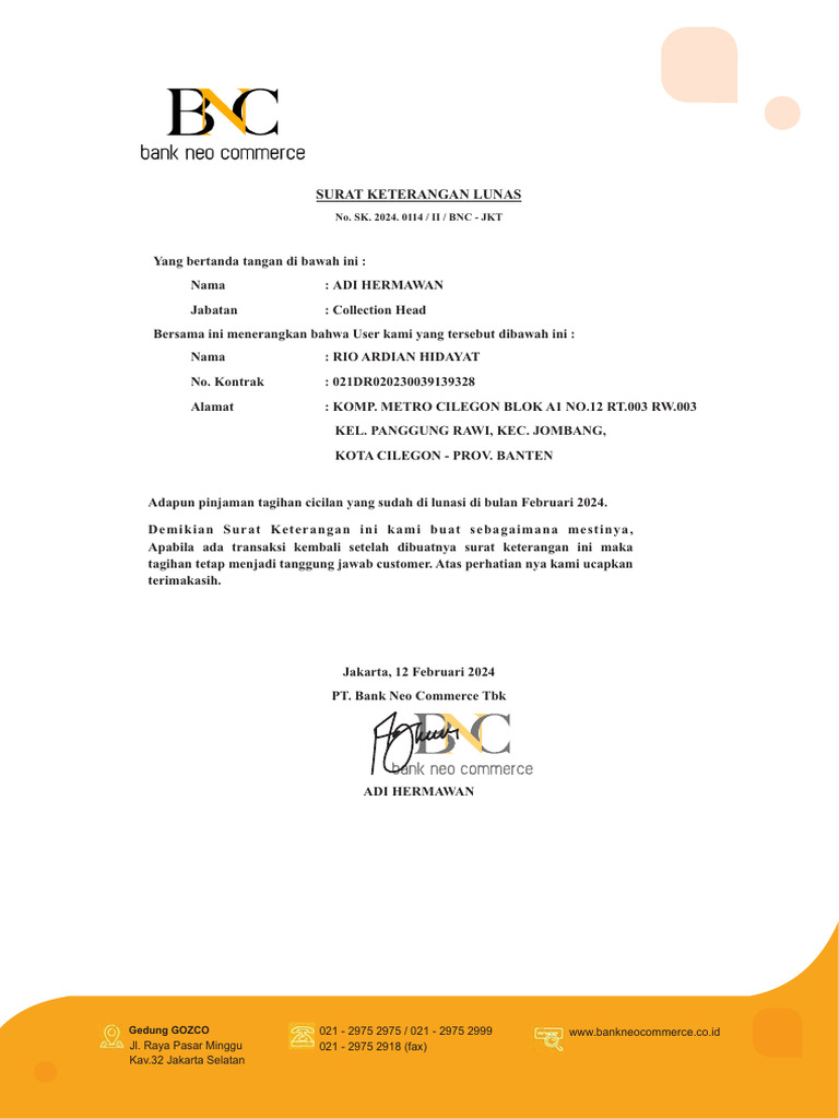 Surat Lunas Bank Neo Commerce Rio Ardian | PDF