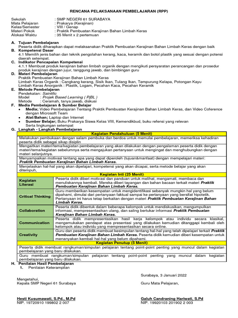 RPP Prakarya Kerajinan Kelas 8 Supervisi | PDF | Karier & Perkembangan | Seni