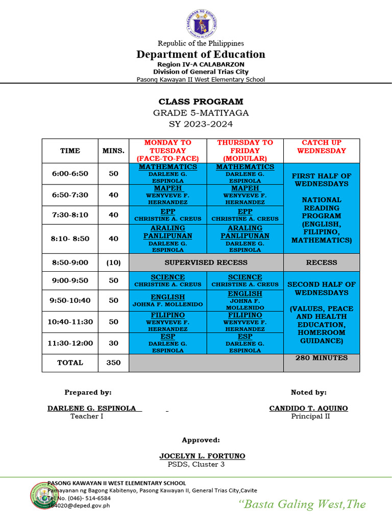 CLASS PROGRAM - Catch Up Wednesday Set A and Thursday Set B | PDF ...