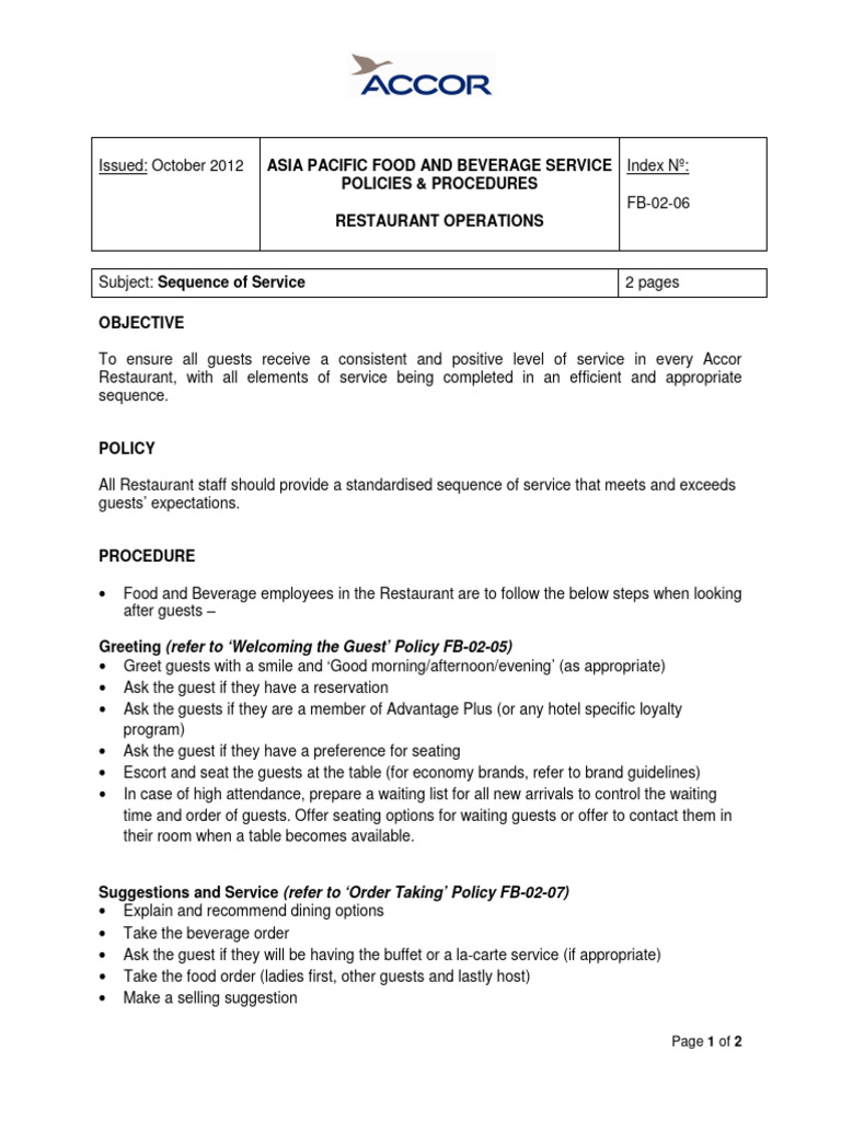 Sequence of Service in Restaurants | PDF | Restaurants | Food And Drink