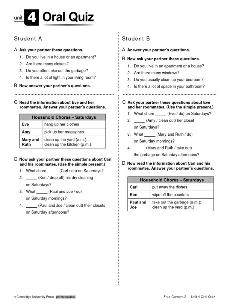 Four Corners 2 Unit 4 Oral Quiz | PDF