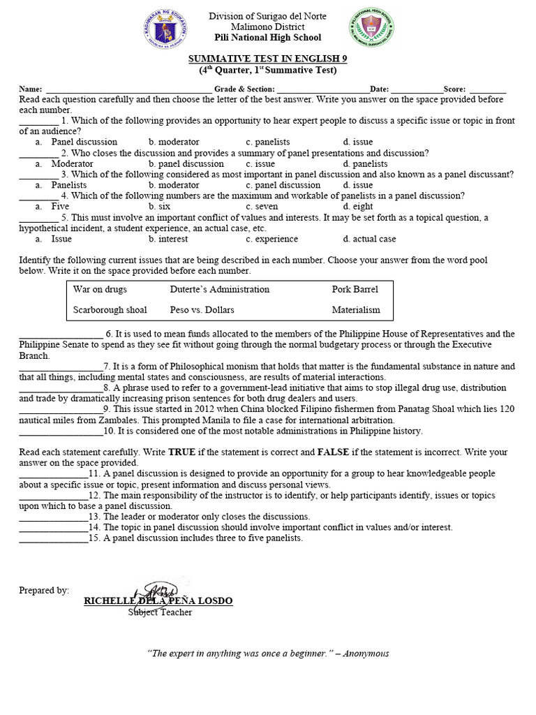 4th Quarter Summative Test | PDF