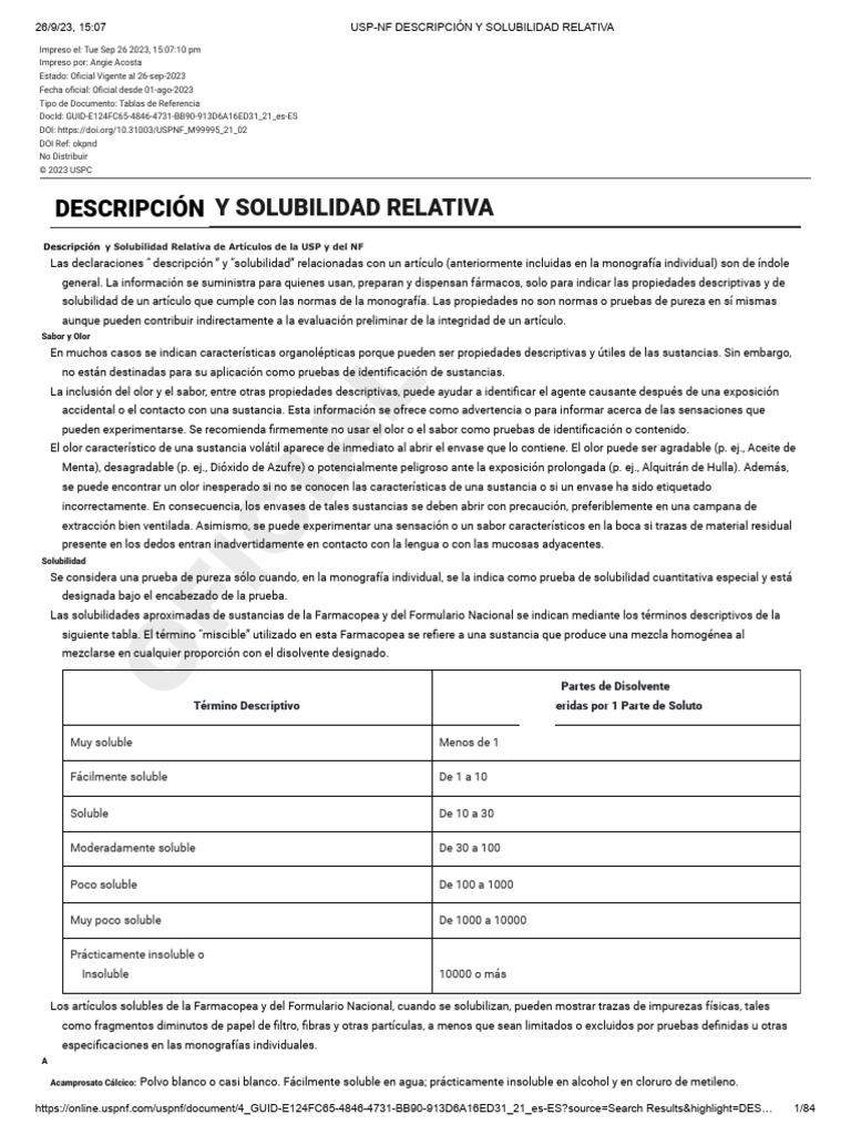 Usp-Nf Descripción y Solubilidad Relativa | PDF | Solubilidad | Acetato