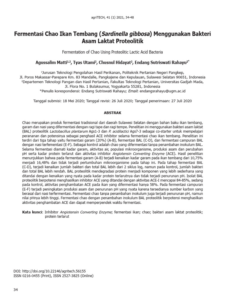 Fermentasi Chao Ikan Tembang (Sardinella Gibbosa) Menggunakan Bakteri Asam Laktat Proteolitik ...
