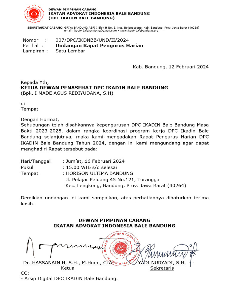 Undangan Rapat DPC IKADIN Bale Bandung | PDF | Karier & Perkembangan | Seni