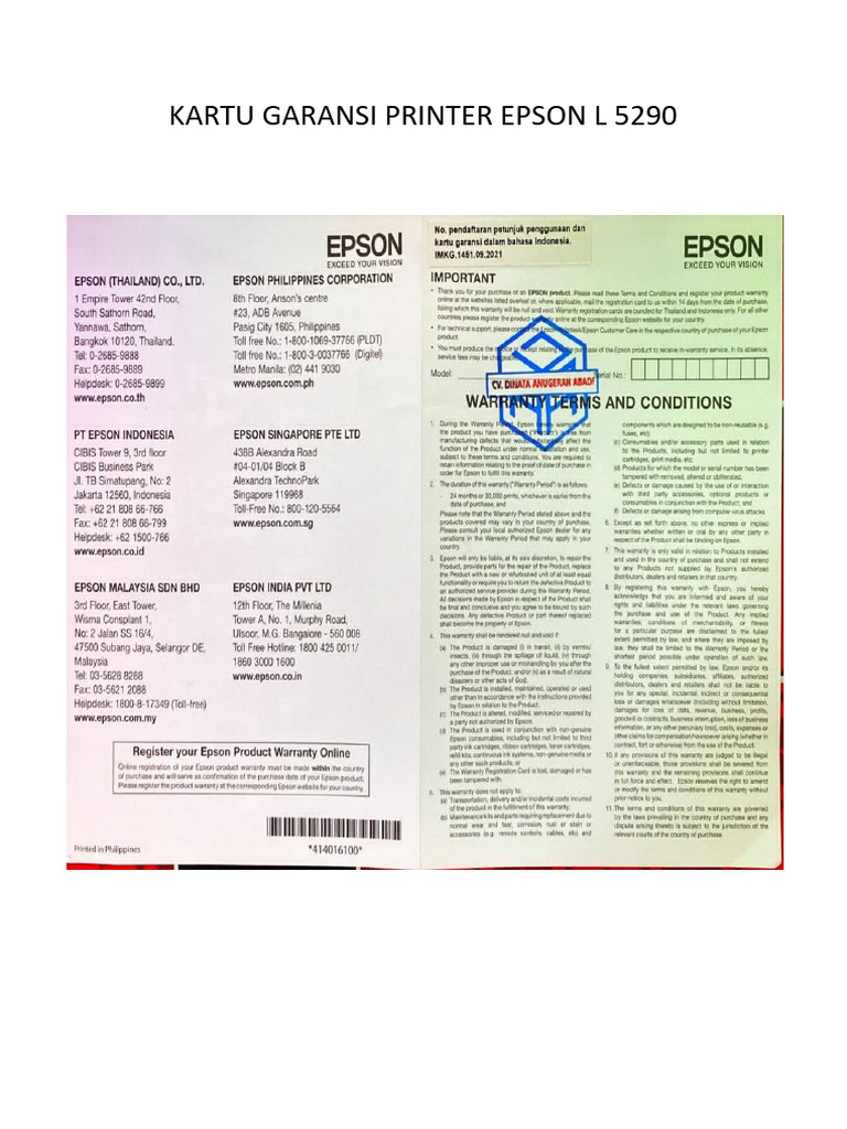 Contoh Kartu Garansi Printer Epson L 5290 | PDF