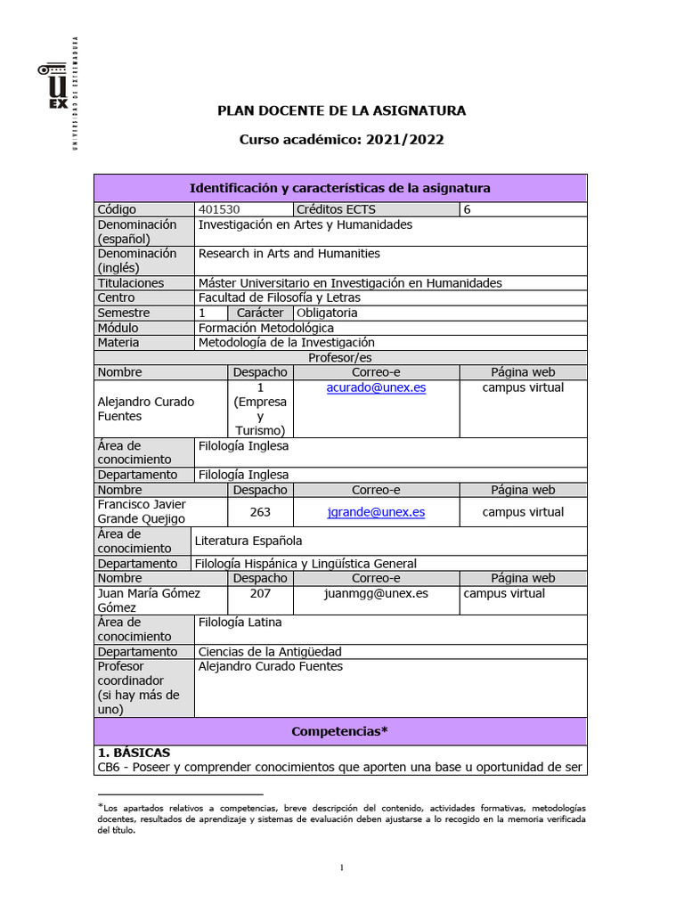 Plan Docente de La Asignatura Curso Académico: 2021/2022 | PDF | Evaluación | Investigación ...