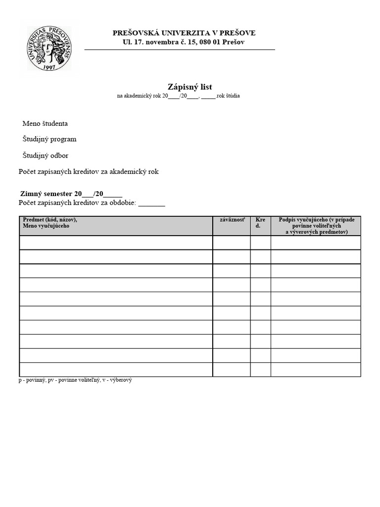 Zapisny List Formular | PDF