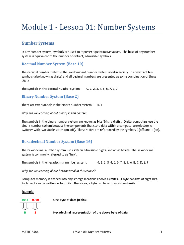 Lesson 01 - Number Systems | PDF | Elementary Mathematics | Encodings