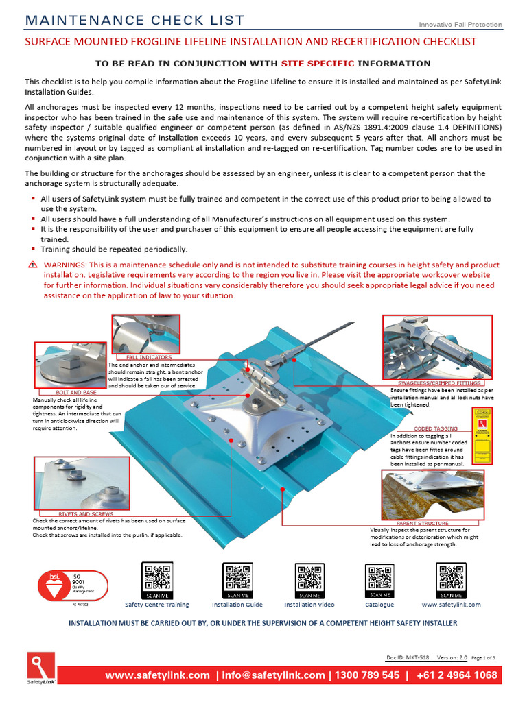 SurfaceLink Lifeline Maintenance Check List | Download Free PDF | Rivet ...