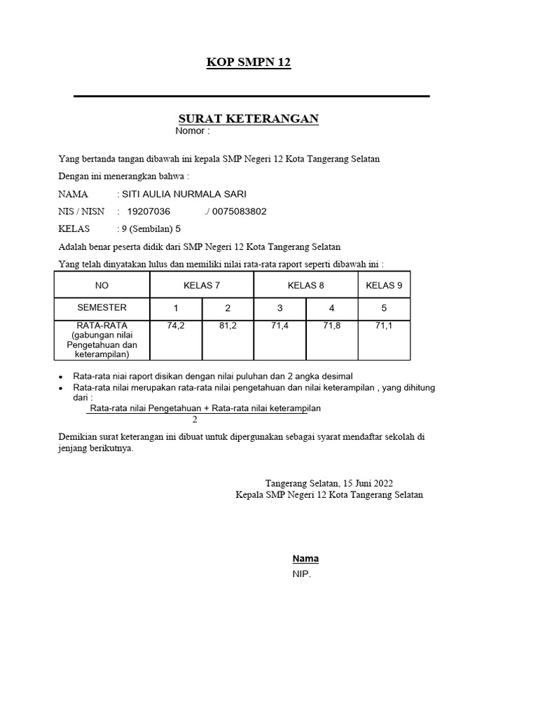 Surat Keterangan Rata-Rata Rapor Bagi Pendaftar Ke Sman 5 Tangsel | PDF