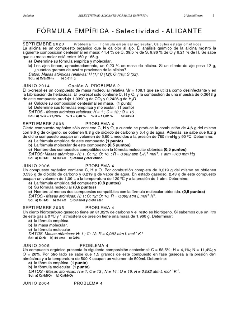 Selectividad-Alicante-Fórmula Empírica | PDF | Mole (Unidad) | Gases