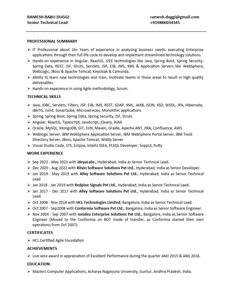 Senior Technical Lead Resume | PDF | Spring Framework | Eclipse (Software)