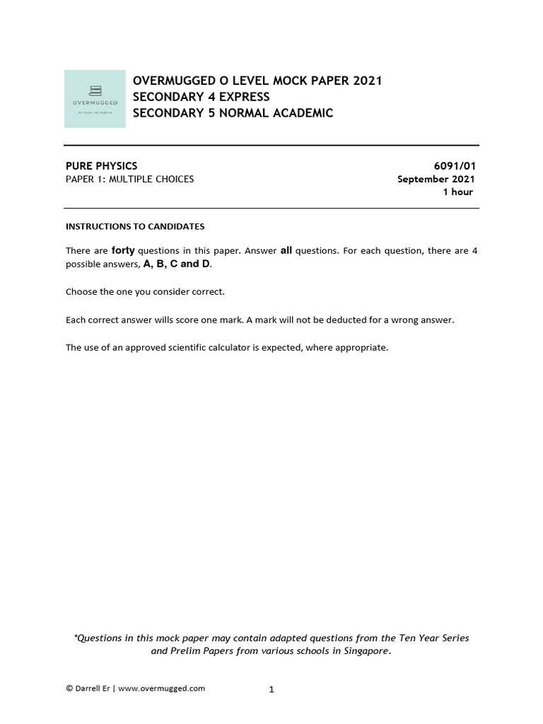 (PHY) 2021 Mock Paper 1 - Answers | PDF