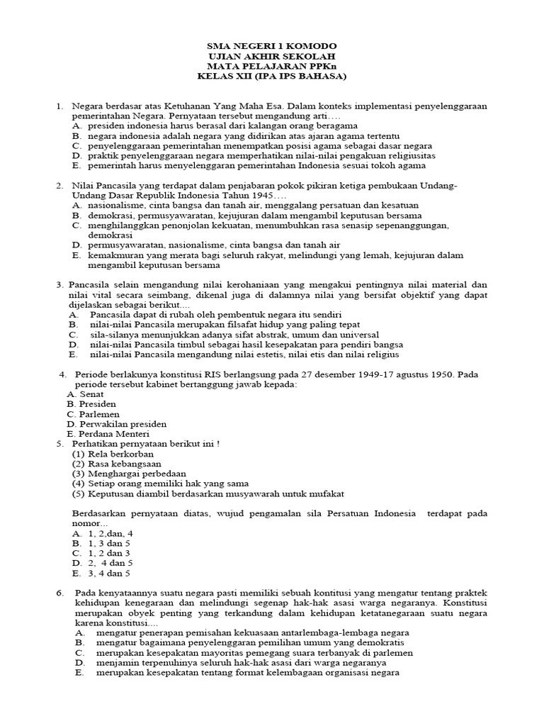 SOAL US PPKN KELAS XII TH 2023 | PDF