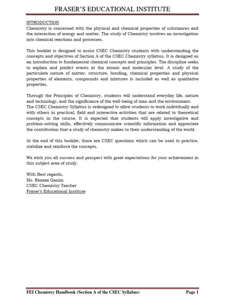FEI CSEC Chemistry Handbook Section A-Principles of Chemistry | PDF