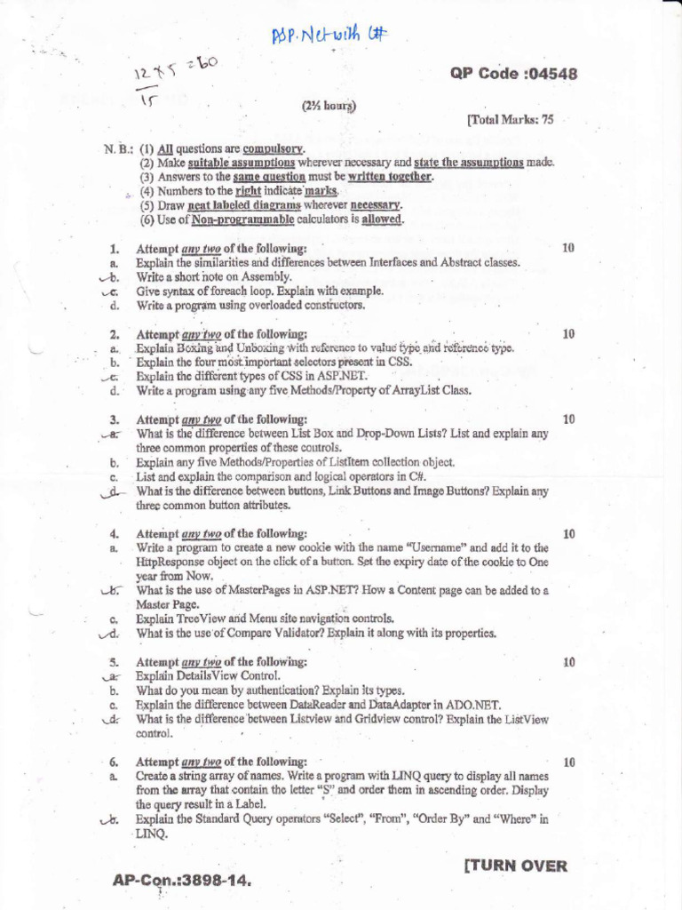 BSC It 5 Sem Asp Dot Net With C Sharp Oct 2014 | PDF