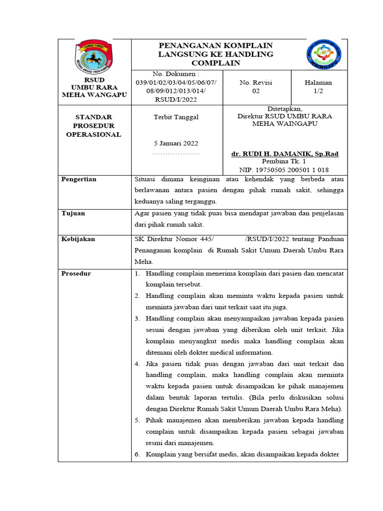 HPK 3. Spo Penyelesaian Komplain, Keluhan, Konflik Atau Perbedaan Pendapat Langsung Ke Handling ...