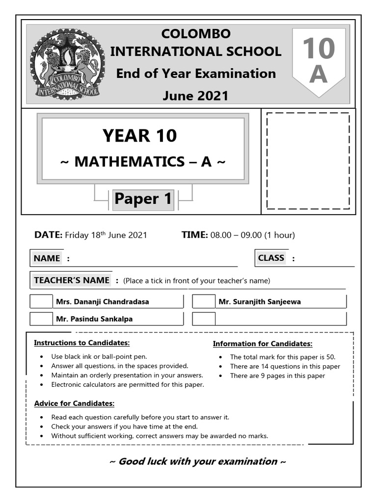 Year 10 Mathematics Exam Paper 2021 | PDF | Elementary Mathematics ...