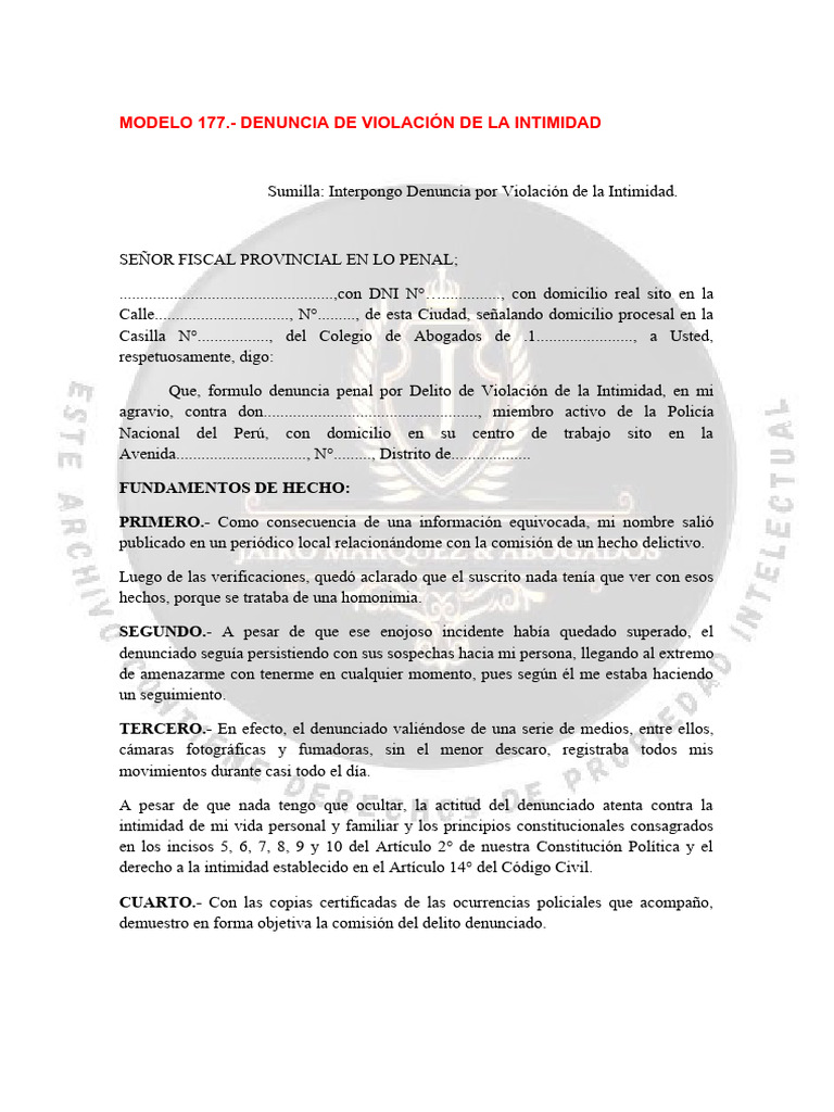 Modelo de Denuncia de Violación de La Intimidad | PDF | Ciencias sociales | Derecho