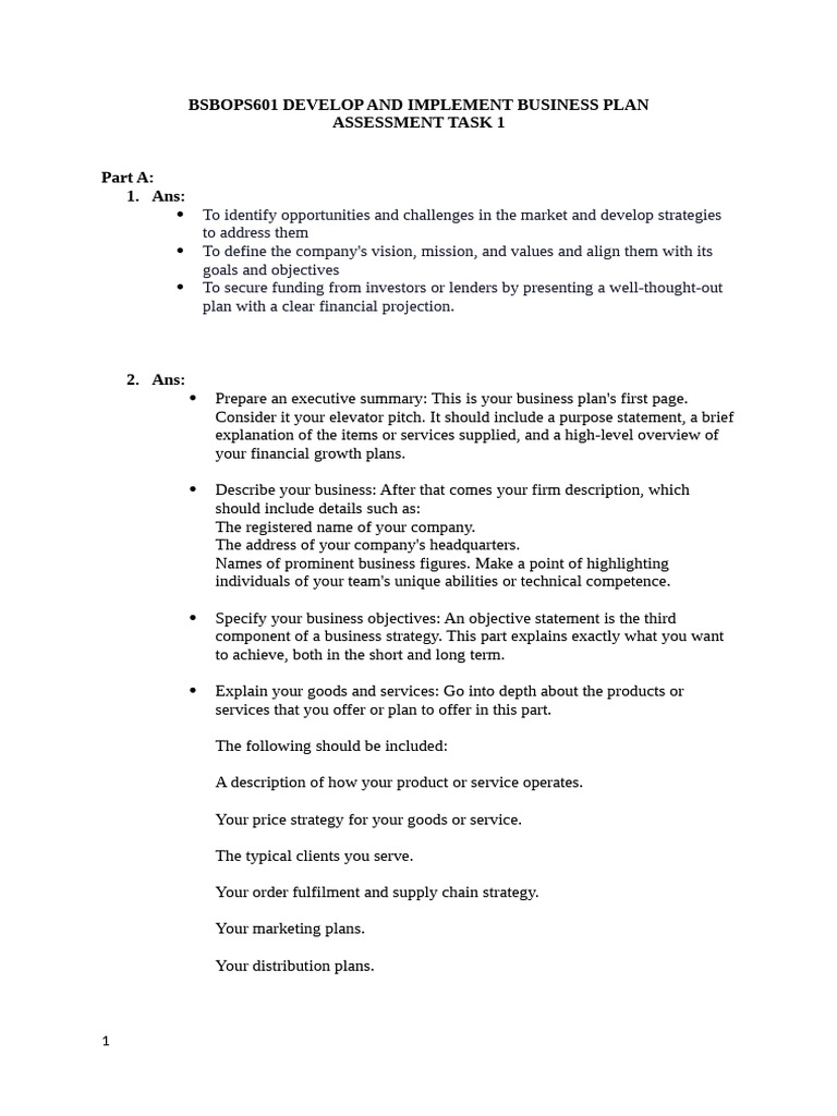 Bsbops601 Develop and Implement Business Plan | PDF | Customer Satisfaction | Strategic Management