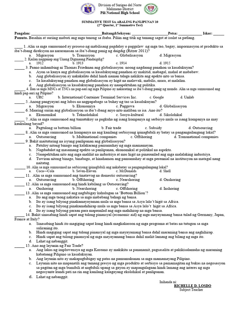 (80 Copies) ARALING PANLIPUNAN 10 2ND QUARTER SUMMATIVE TEST | PDF